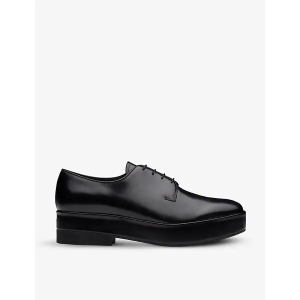 Prada Brushed Laced Leather Derby Shoes - Black