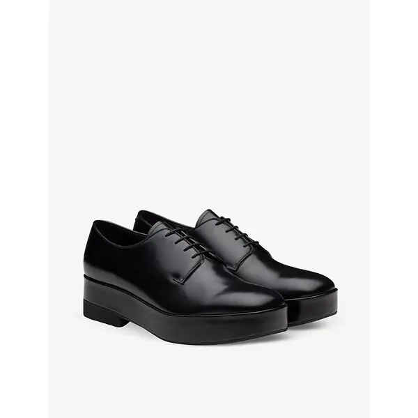 Prada Brushed Laced Leather Derby Shoes - Black