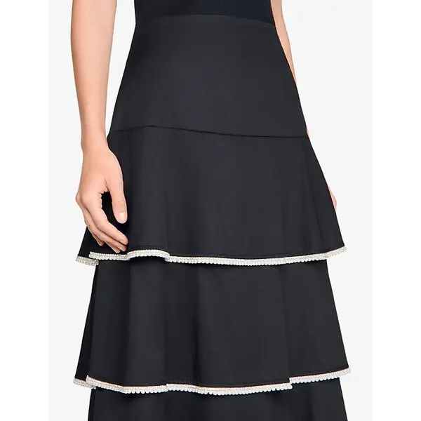 Sandro Ruffled Rhinestone-trim Cotton Maxi Skirt