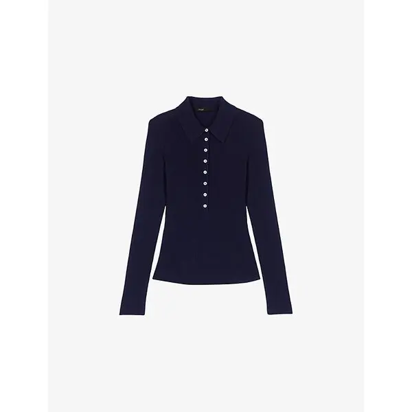 Maje Ribbed Wool And Silk Polo Jumper - Navy