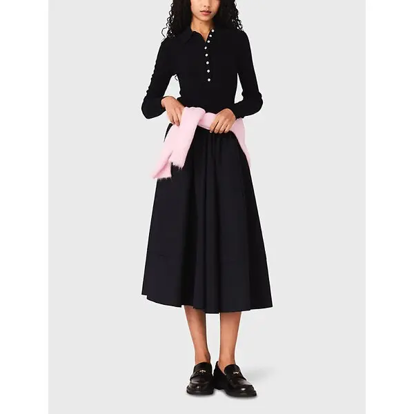 Maje Ribbed Wool And Silk Polo Jumper - Navy