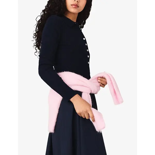 Maje Ribbed Wool And Silk Polo Jumper - Navy