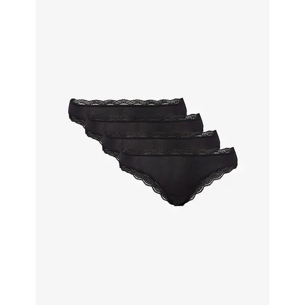STRIPE & STARE Lace-trim Pack Of Four Stretch-modal Brazilian Briefs - Black