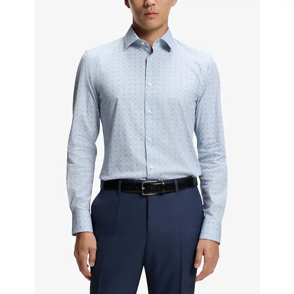 BOSS Graphic-pattern Slim-fit Cotton-blend Shirt - Open Blue