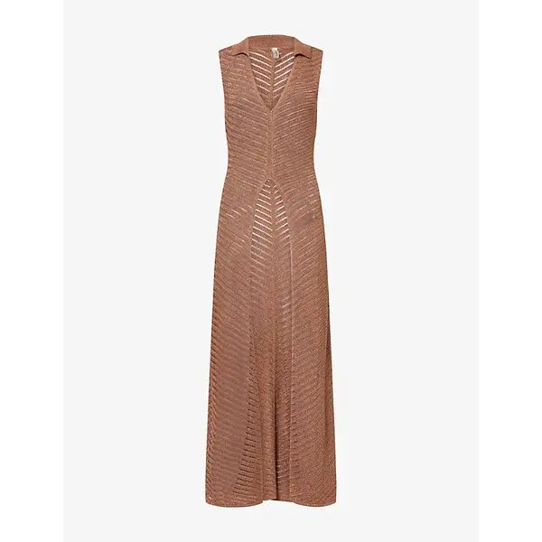 Devon Windsor Collared Metallic-knit Top - Truffle