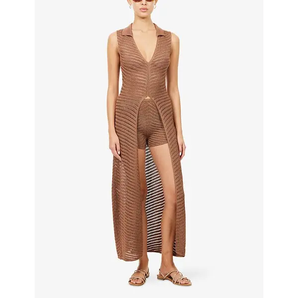Devon Windsor Collared Metallic-knit Top