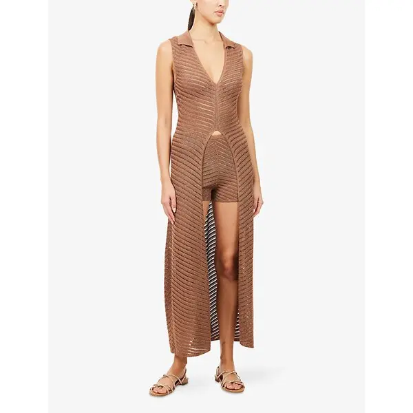 Devon Windsor Collared Metallic-knit Top