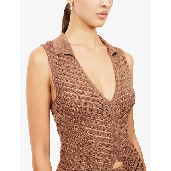 Devon Windsor Collared Metallic-knit Top