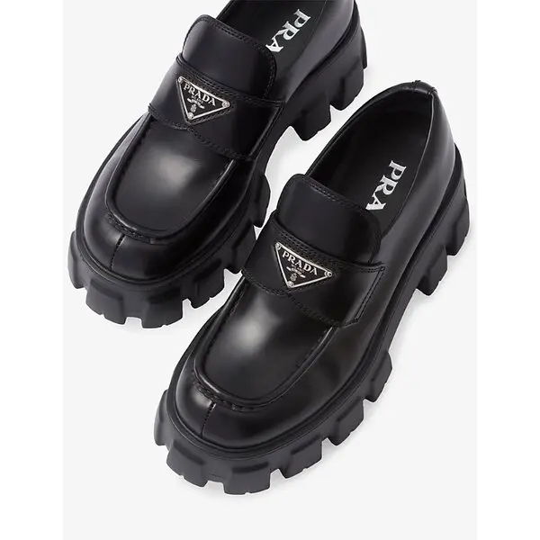 Prada Monolith Logo-plaque Leather Loafers - Black
