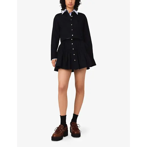 Maje Button-down Elasticated-waist Stretch-cotton Mini Skirt - Navy