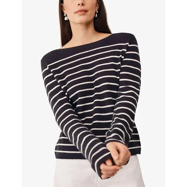 THE WHITE COMPANY Striped Boat-neck Wool-blend Jumper - Navy