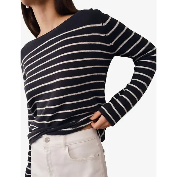 THE WHITE COMPANY Striped Boat-neck Wool-blend Jumper - Navy
