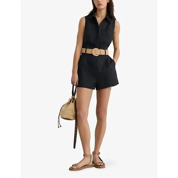 REISS Taylor Belted-waist Linen Playsuit - Navy
