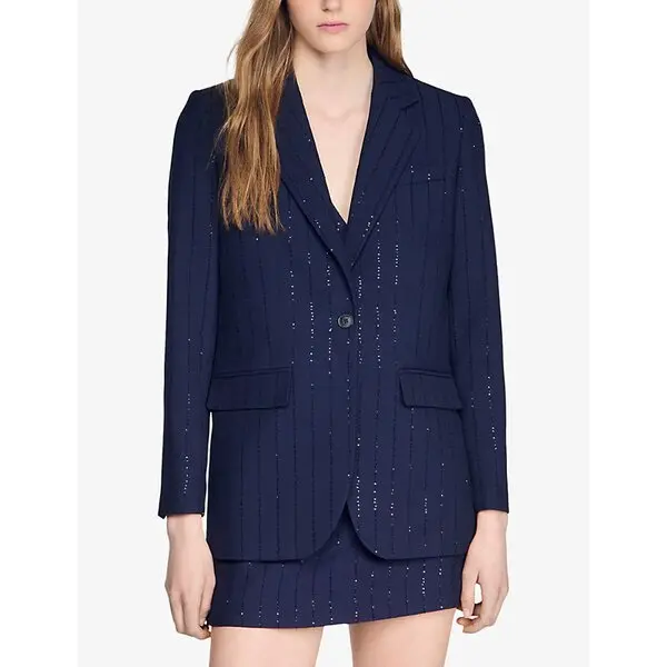 Sandro Sequin-stripe Single-breasted Woven Blazer - Dark Navy