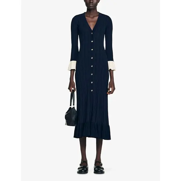Sandro V-neck Knitted Midi Dress