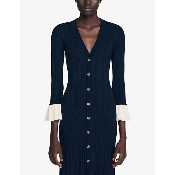 Sandro V-neck Knitted Midi Dress