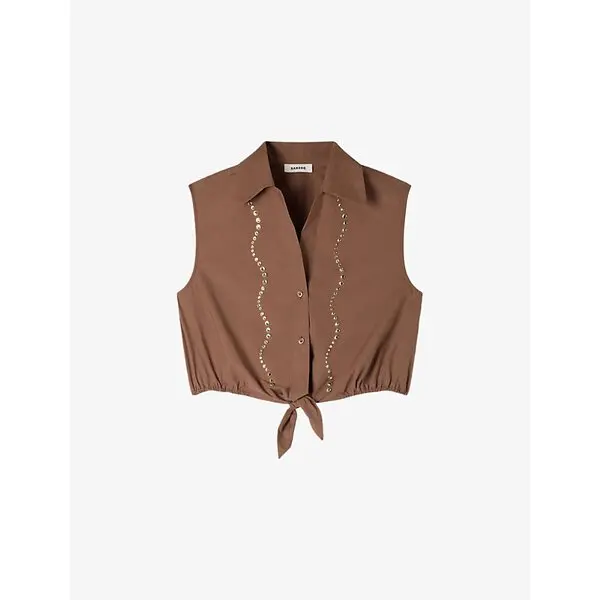 Sandro Embellished Tie-waist Cotton Shirt - Brown