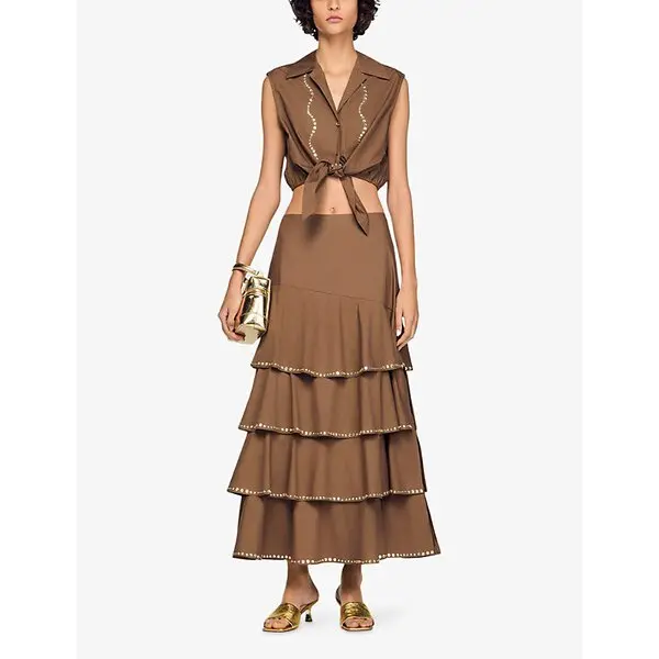 Sandro Embellished Tie-waist Cotton Shirt - Brown