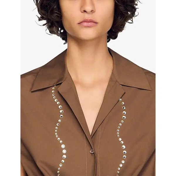 Sandro Embellished Tie-waist Cotton Shirt - Brown