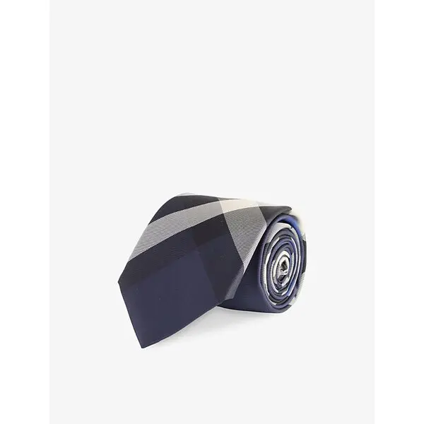 Burberry Checked Silk Neck Tie - Navy