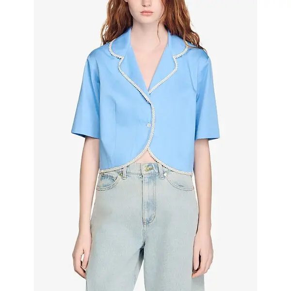 Sandro Cropped Beaded-trim Cotton Shirt