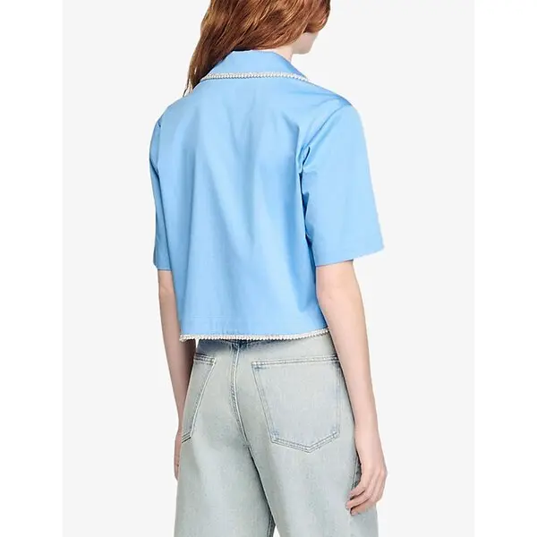 Sandro Cropped Beaded-trim Cotton Shirt