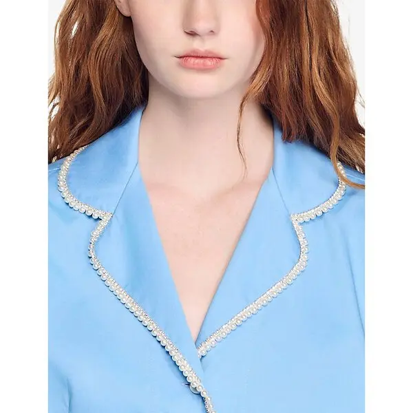 Sandro Cropped Beaded-trim Cotton Shirt