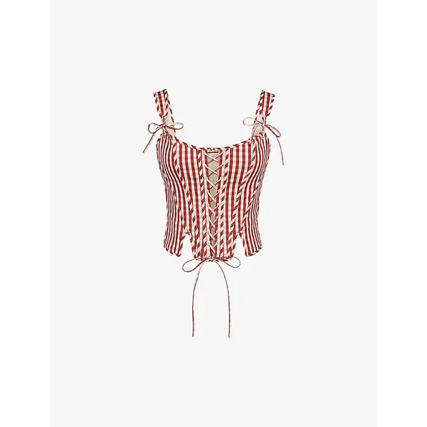 House Of Cb Lace-up Stretch-cotton Corset Top - Red