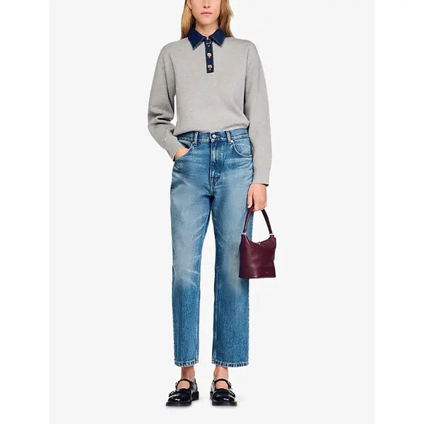 Sandro Denim Button-down Polo-collar Knitted Jumper