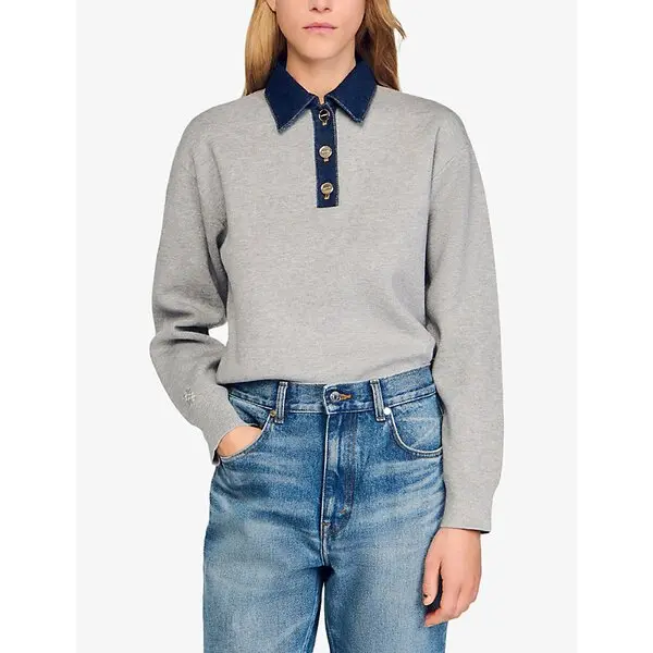Sandro Denim Button-down Polo-collar Knitted Jumper