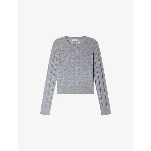 Sandro Pointelle Knit Wool Cardigan - Grey