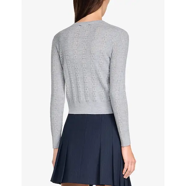 Sandro Pointelle Knit Wool Cardigan - Grey