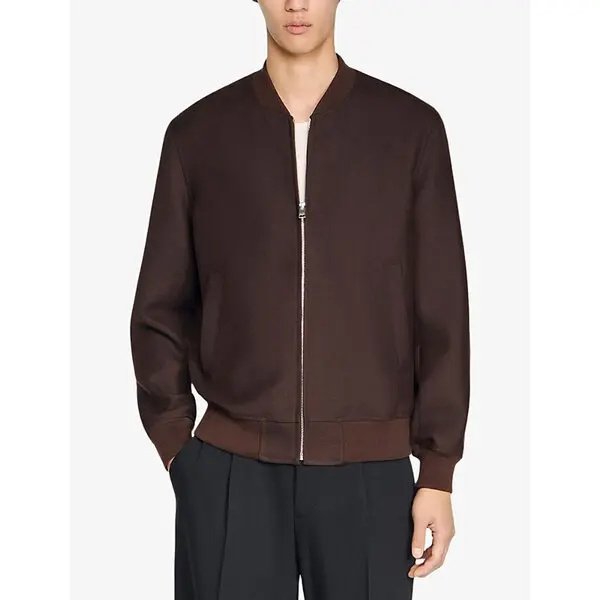 Sandro Ribbed-collar Technical Wool-blend Jacket - Chocolate