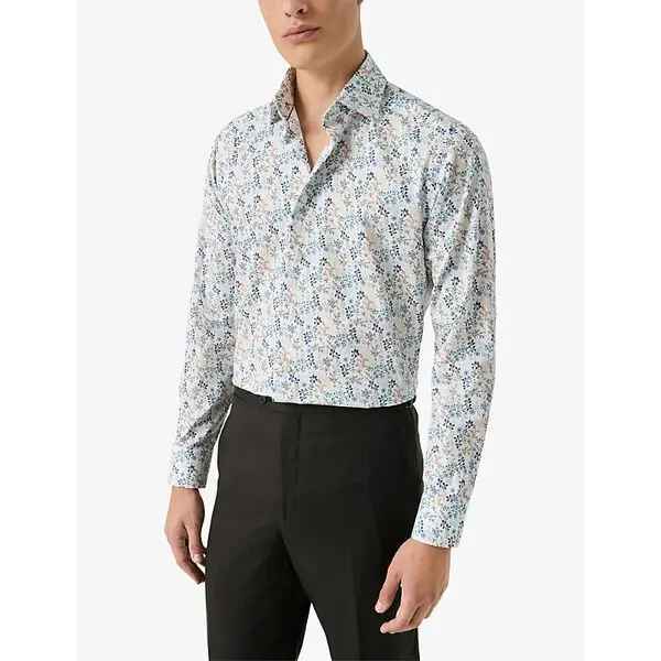 Eton Floral-print Slim-fit Cotton-twill Shirt - Mid Blue
