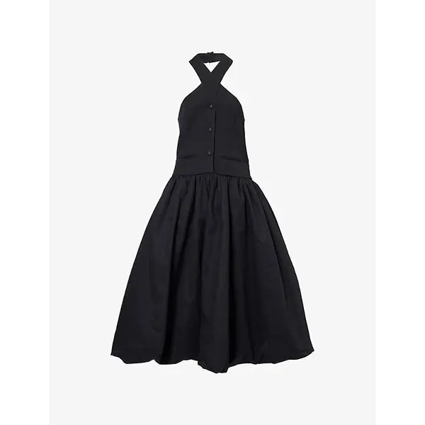 AMY LYNN Cotton Puffball Halterneck Midi Dress - Black
