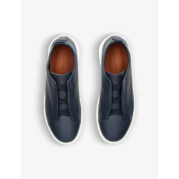 Zegna Triple Stitch Secondskin Leather Low-top Trainers - Navy