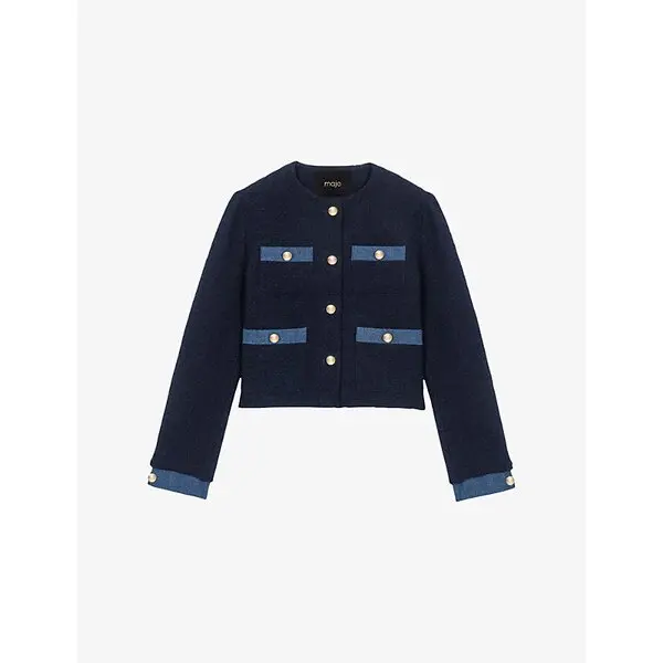 Maje Denim-trim Tweed Jacket - Navy