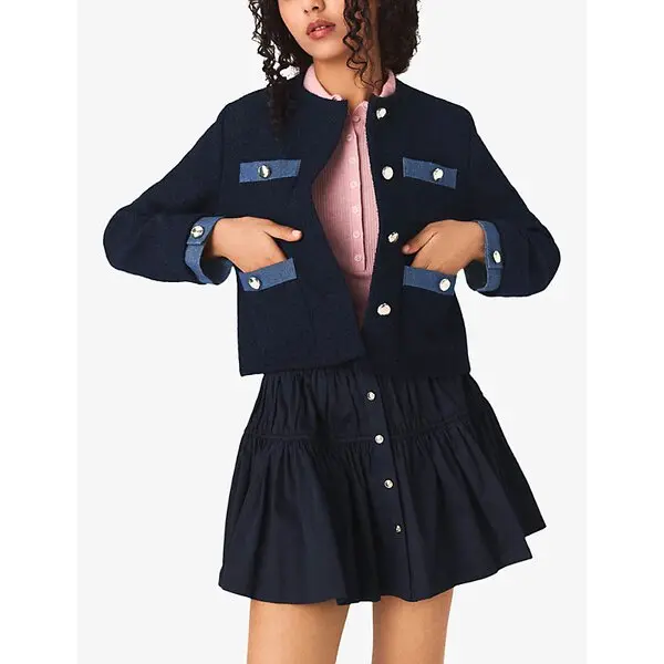 Maje Denim-trim Tweed Jacket - Navy