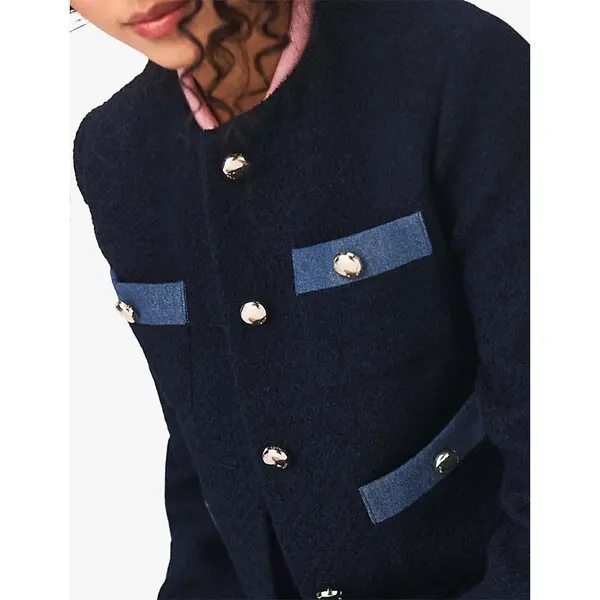 Maje Denim-trim Tweed Jacket - Navy