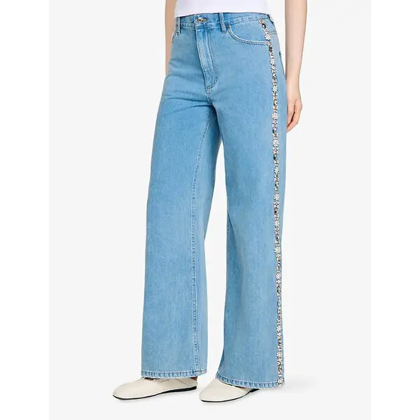 Sandro Straight-leg Rhinestone-trim Denim Jeans - Blue Jean