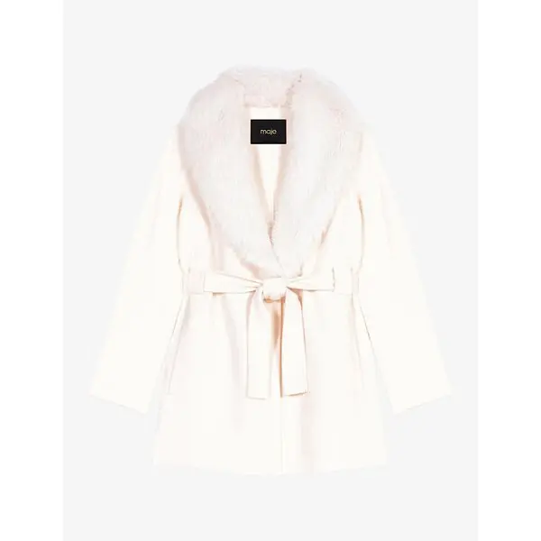 Maje Belted Wool-blend Coat With Faux Fur Collar