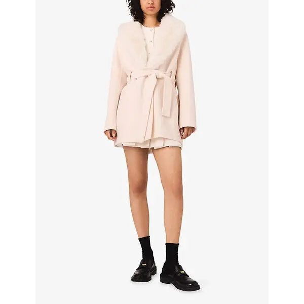 Maje Belted Wool-blend Coat With Faux Fur Collar