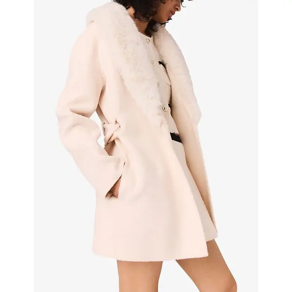 Maje Belted Wool-blend Coat With Faux Fur Collar