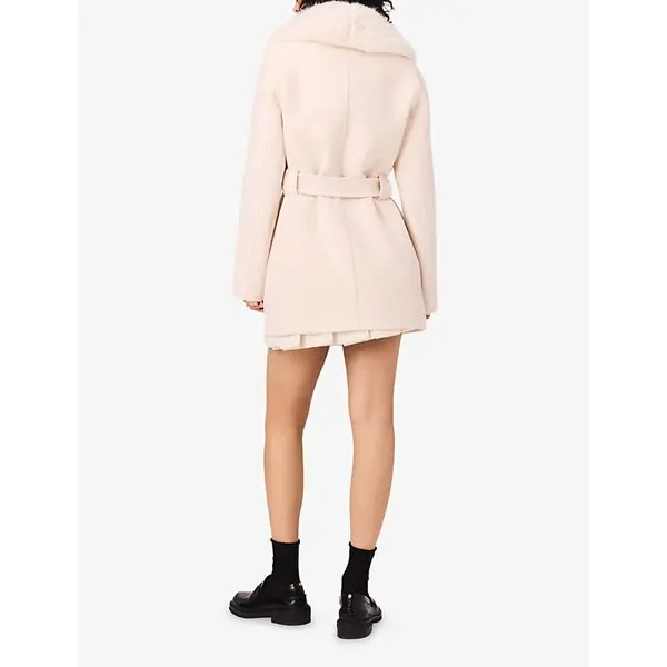 Maje Belted Wool-blend Coat With Faux Fur Collar
