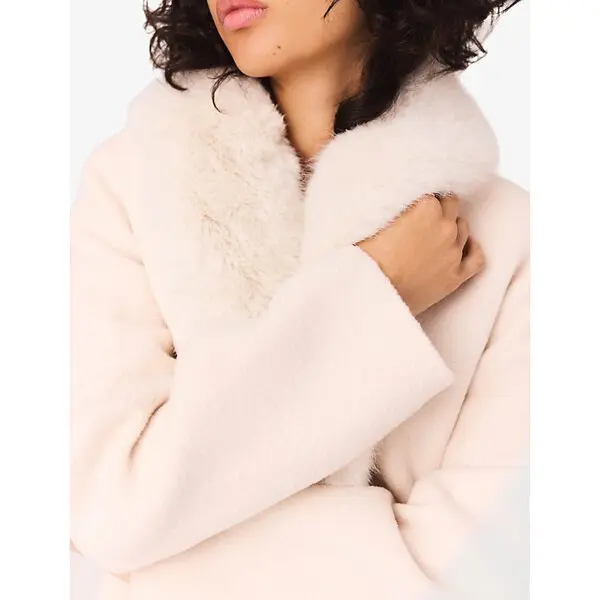 Maje Belted Wool-blend Coat With Faux Fur Collar
