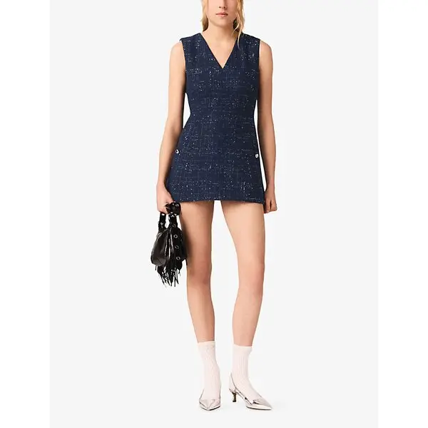 Maje Sequin-embellished Layered-effect Tweed Playsuit - Navy