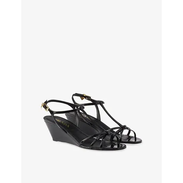 Prada Patent Leather Wedge Sandals - Black