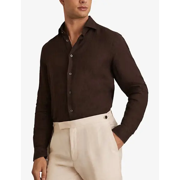 REISS Ruban Classic Collar Linen Shirt - Dark Brown