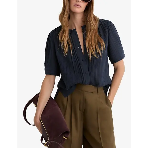 REISS Aurelia Frill-neck Cotton-muslin Top - Navy