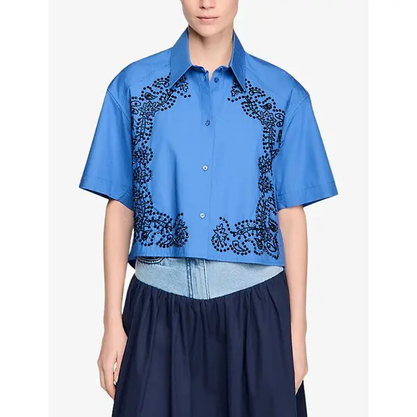 Sandro Embroidered Bead-embellished Cotton Shirt
